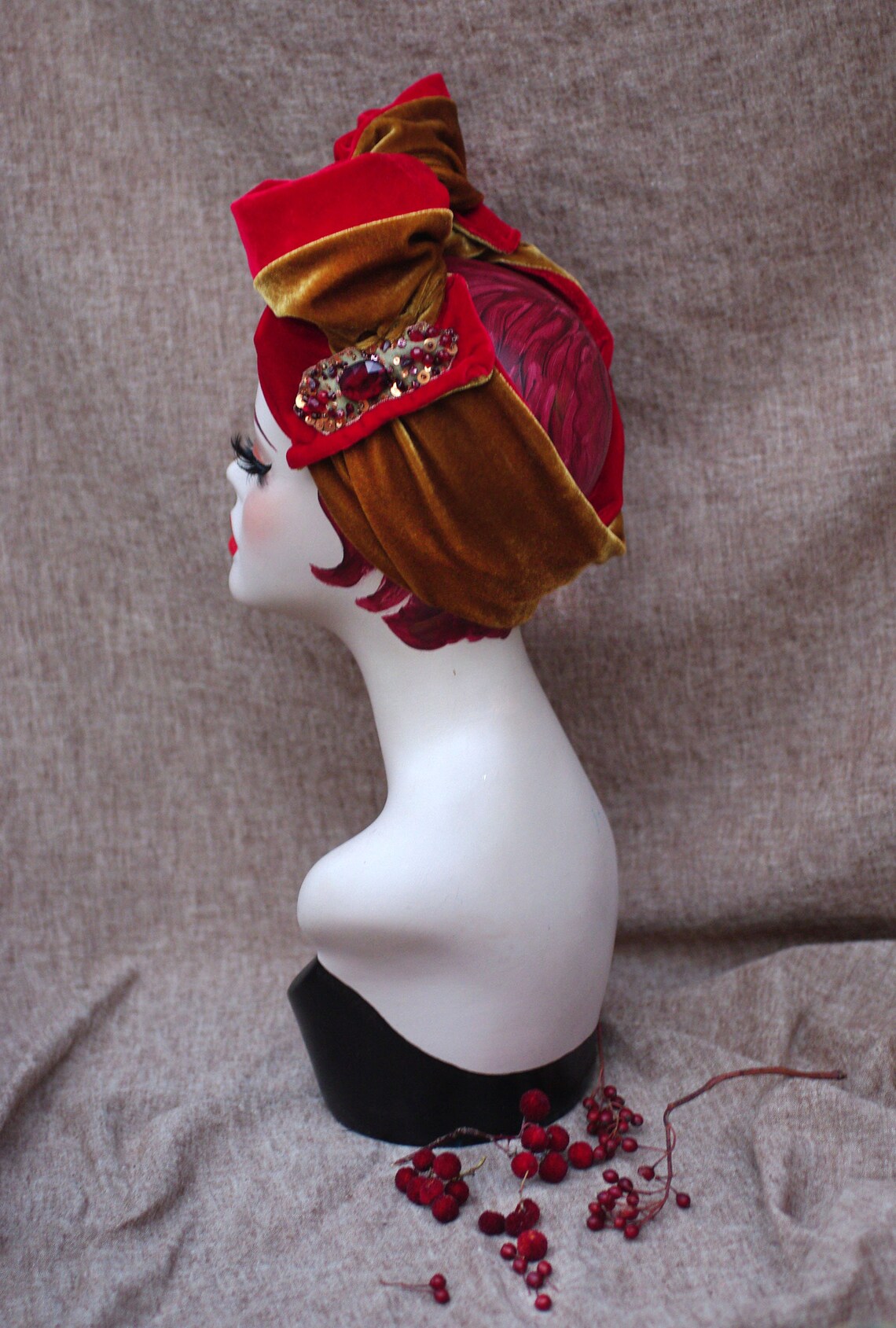 GOLD & CHERRY RED Velvet Turban Headband // Vintage 20s 30s - Etsy