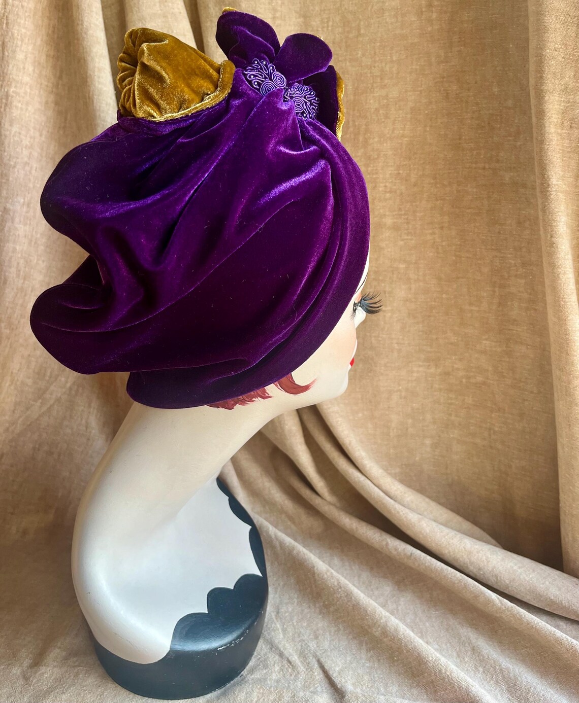 Purple & Gold Curry VELVET Turban Full Cap // Vintage Diva 30s 40s ...
