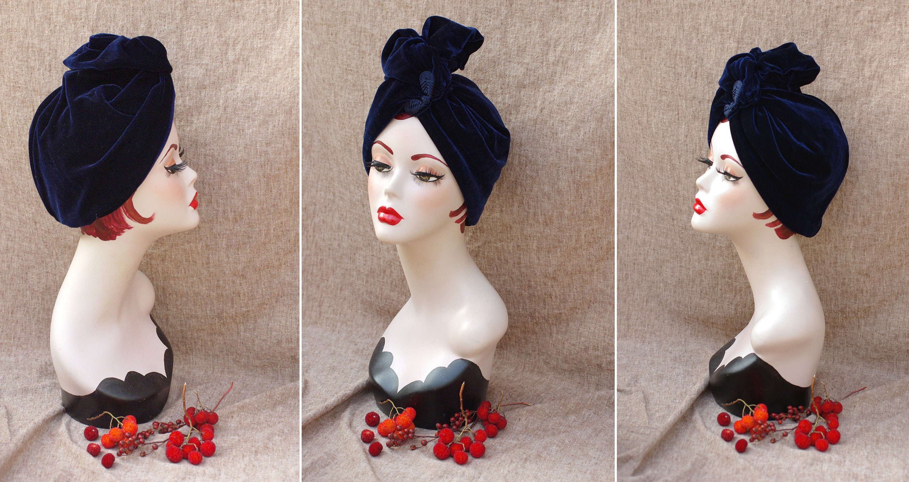 NAVY Blue VELVET Turban Hat // Vintage Diva Style // 30s 40s | Etsy