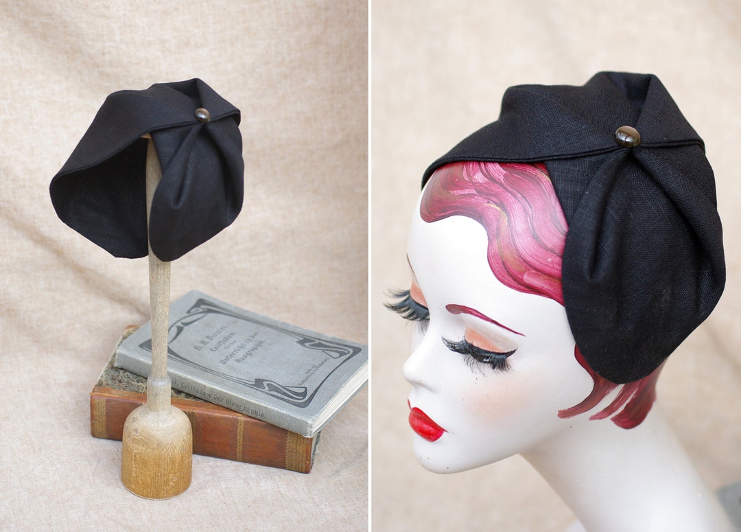 BLACK Half Hat Pure Linen Summer // Headpiece Vintage 30s 20s Art Deco ...