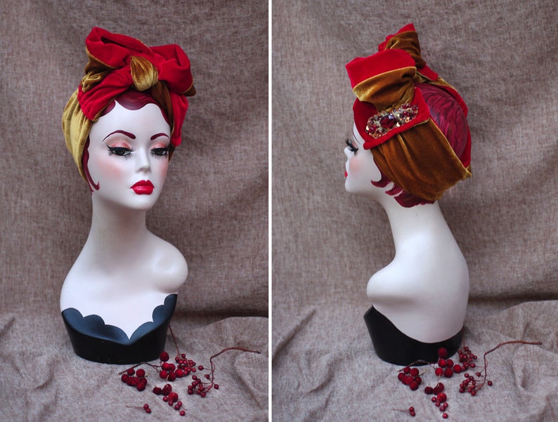 GOLD & CHERRY RED Velvet Turban Headband // Vintage 20s 30s - Etsy