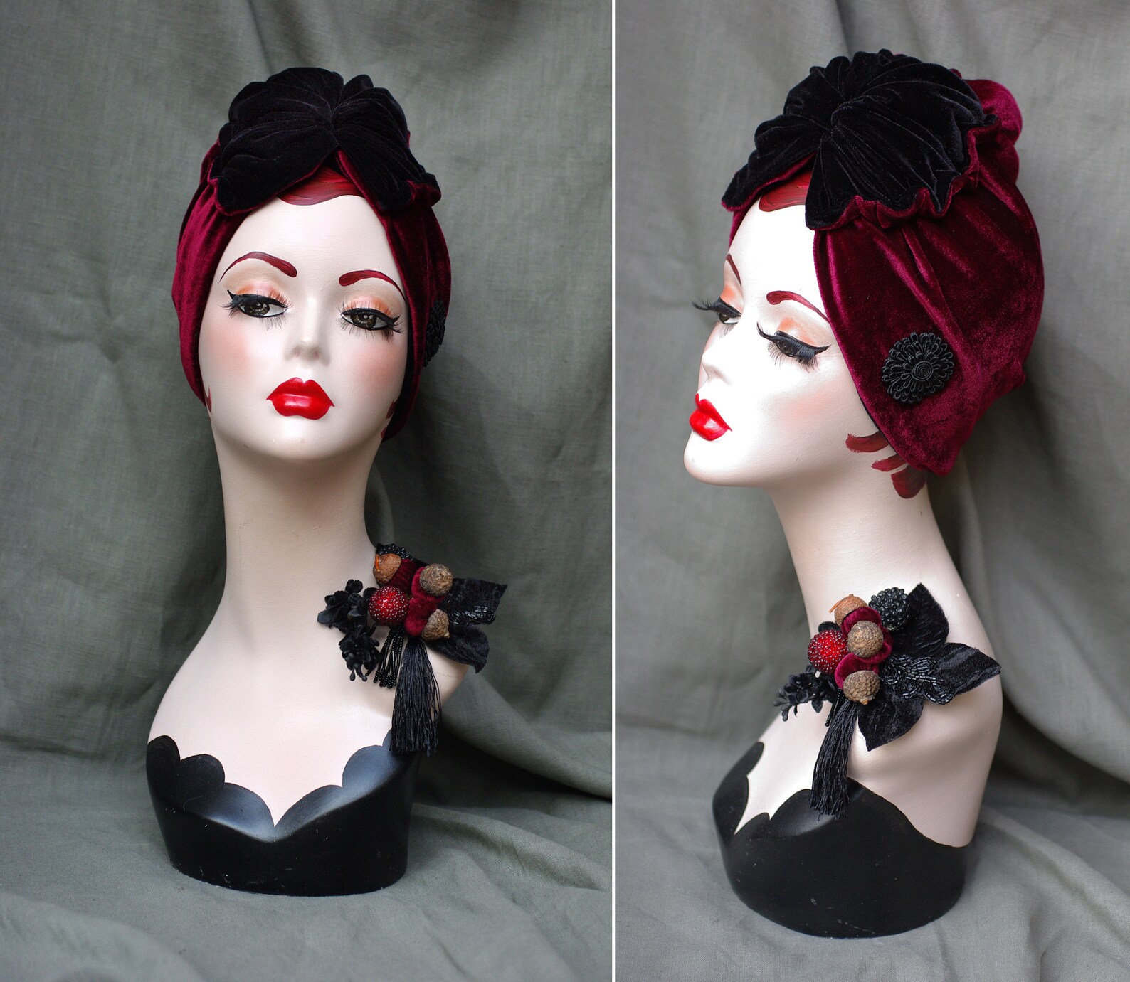 BURGUNDY & BLACK // Deep Red Velvet Full Cap Turban Brooch // | Etsy