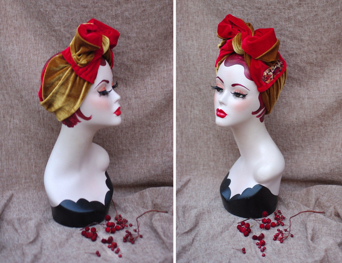 GOLD & CHERRY RED Velvet Turban Headband // Vintage 20s 30s - Etsy
