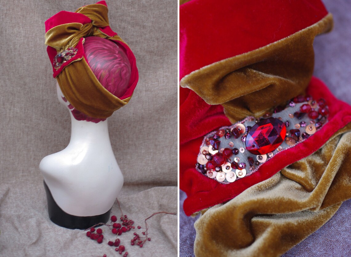 GOLD & CHERRY RED Velvet Turban Headband // Vintage 20s 30s | Etsy