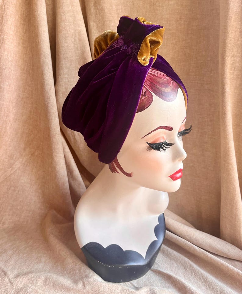 Purple & Gold Curry VELVET Turban Full Cap // Vintage Diva 30s 40s ...