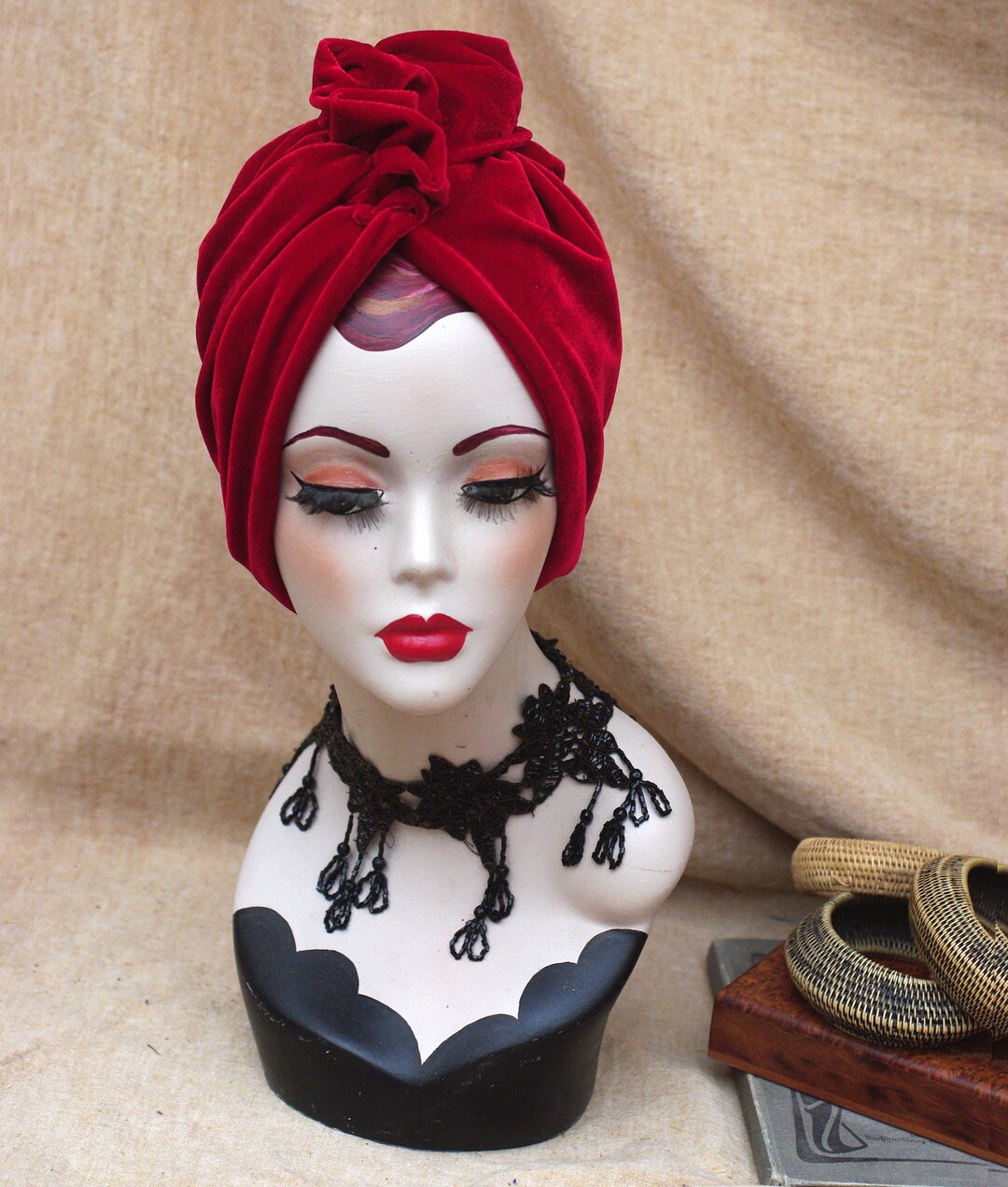 RED Velvet Full Cap Turban // Accessoires for Vintage Look 20s 30s ...