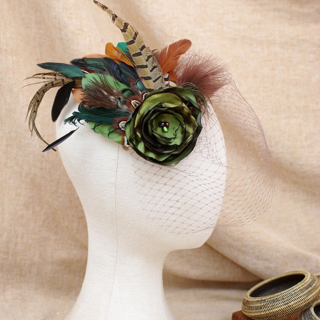 Headpiece Fascinator Green Brown Bird Cage // Pheasant Feathers ...