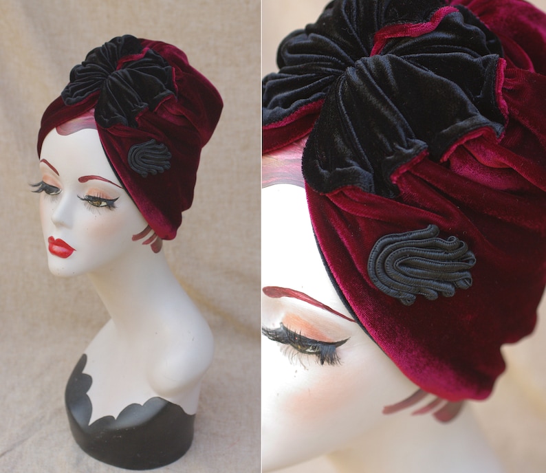 BURGUNDY & BLACK // Deep Red Velvet Full Cap Turban Brooch // - Etsy