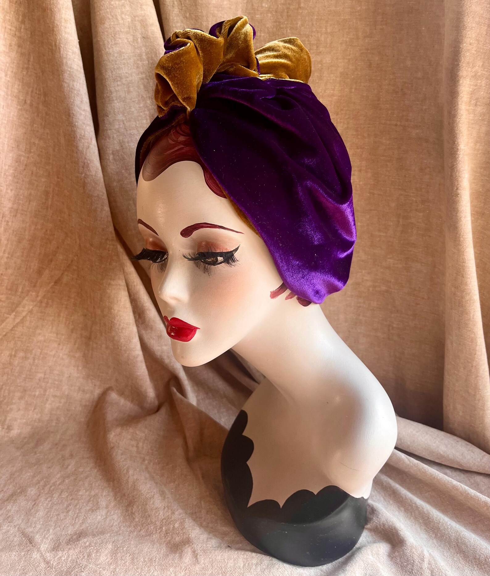 Purple & Gold Curry VELVET Turban Full Cap // Vintage Diva 30s 40s ...