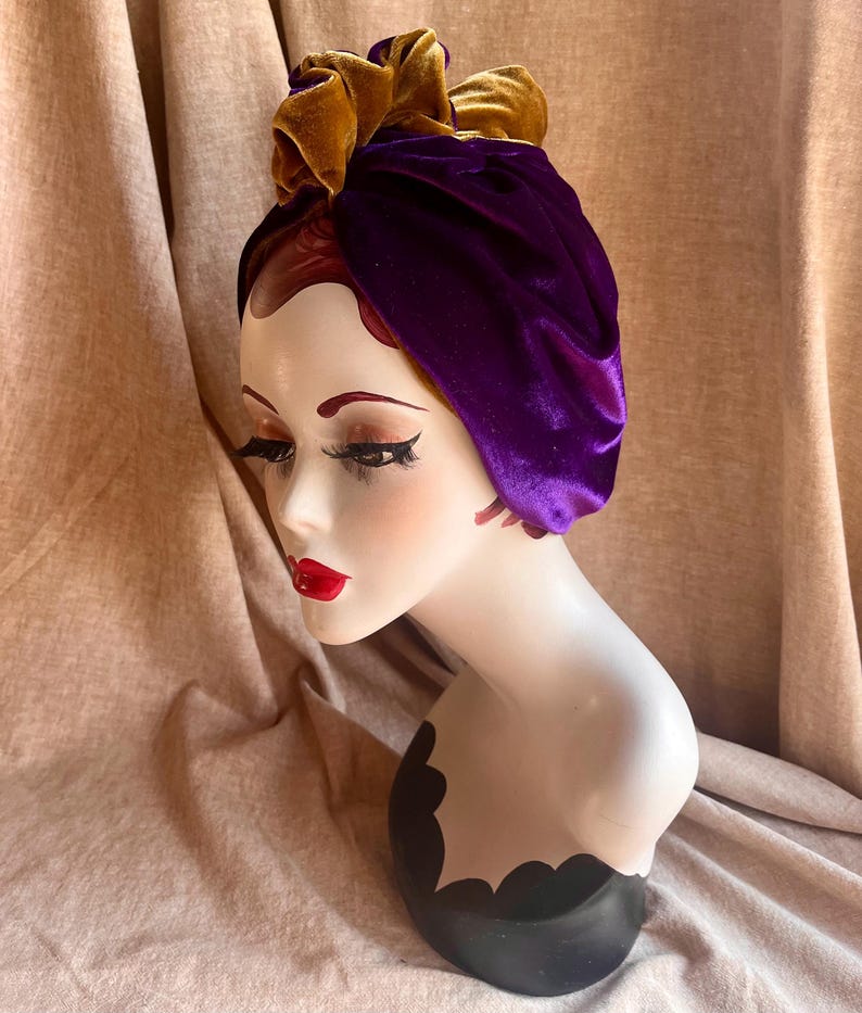 Purple & Gold Curry VELVET Turban Full Cap // Vintage Diva 30s 40s ...