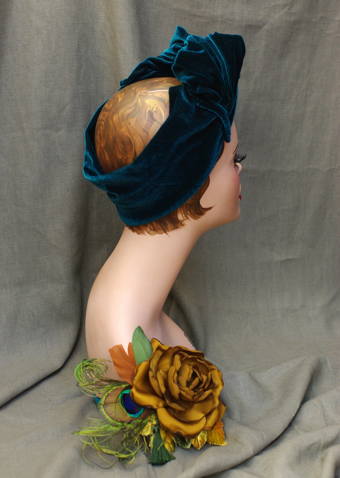 PEACOCK GREEN / TEAL Velvet Turban Headband & Brooch // - Etsy
