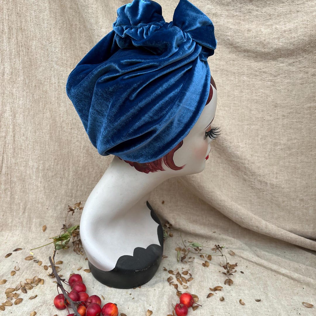 Ocean Blue VELVET Turban Hat // Vintage Diva Style // 30s 40s Retro ...