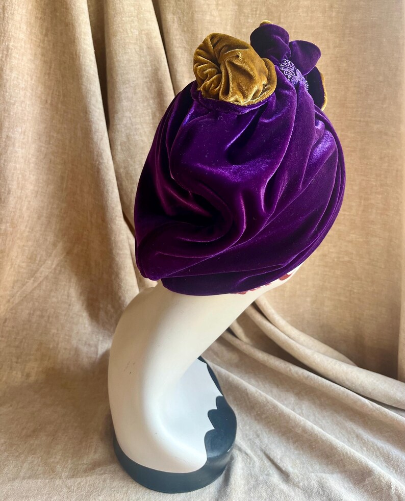 Purple & Gold Curry VELVET Turban Full Cap // Vintage Diva 30s 40s ...