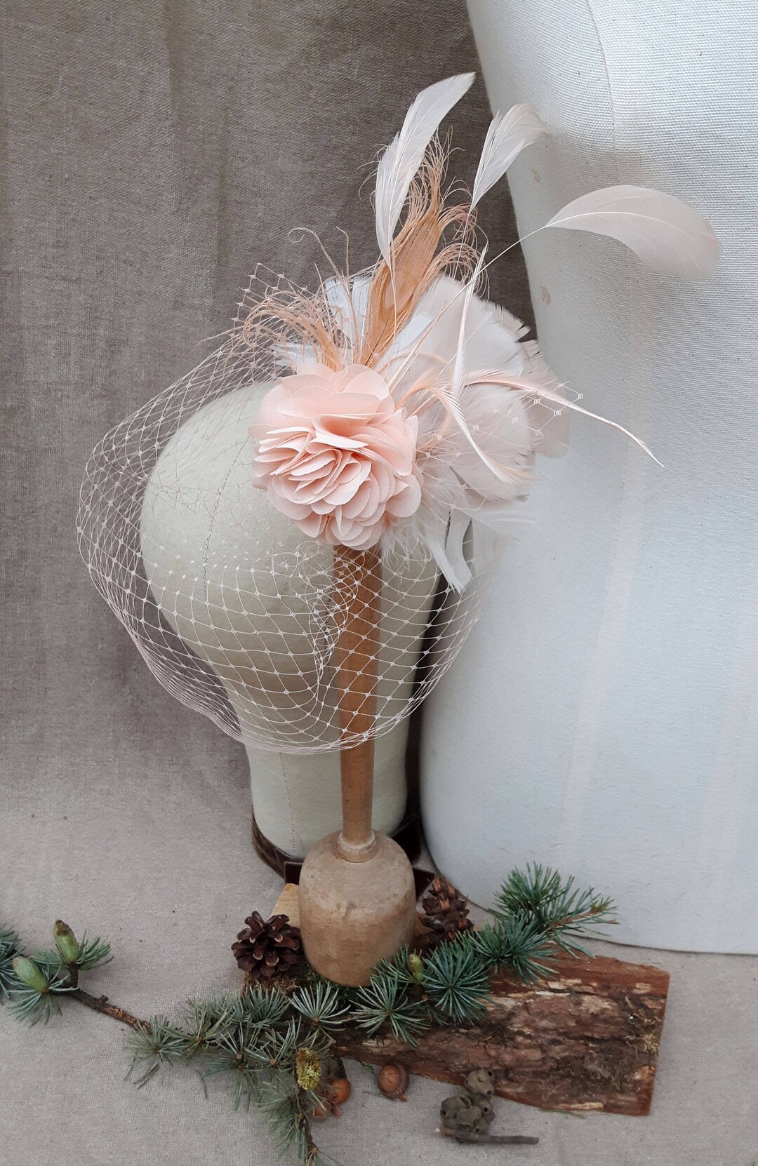 Blush & Cream Fascinator Headpiece Peachy Millinery Bridal Bride Veil ...