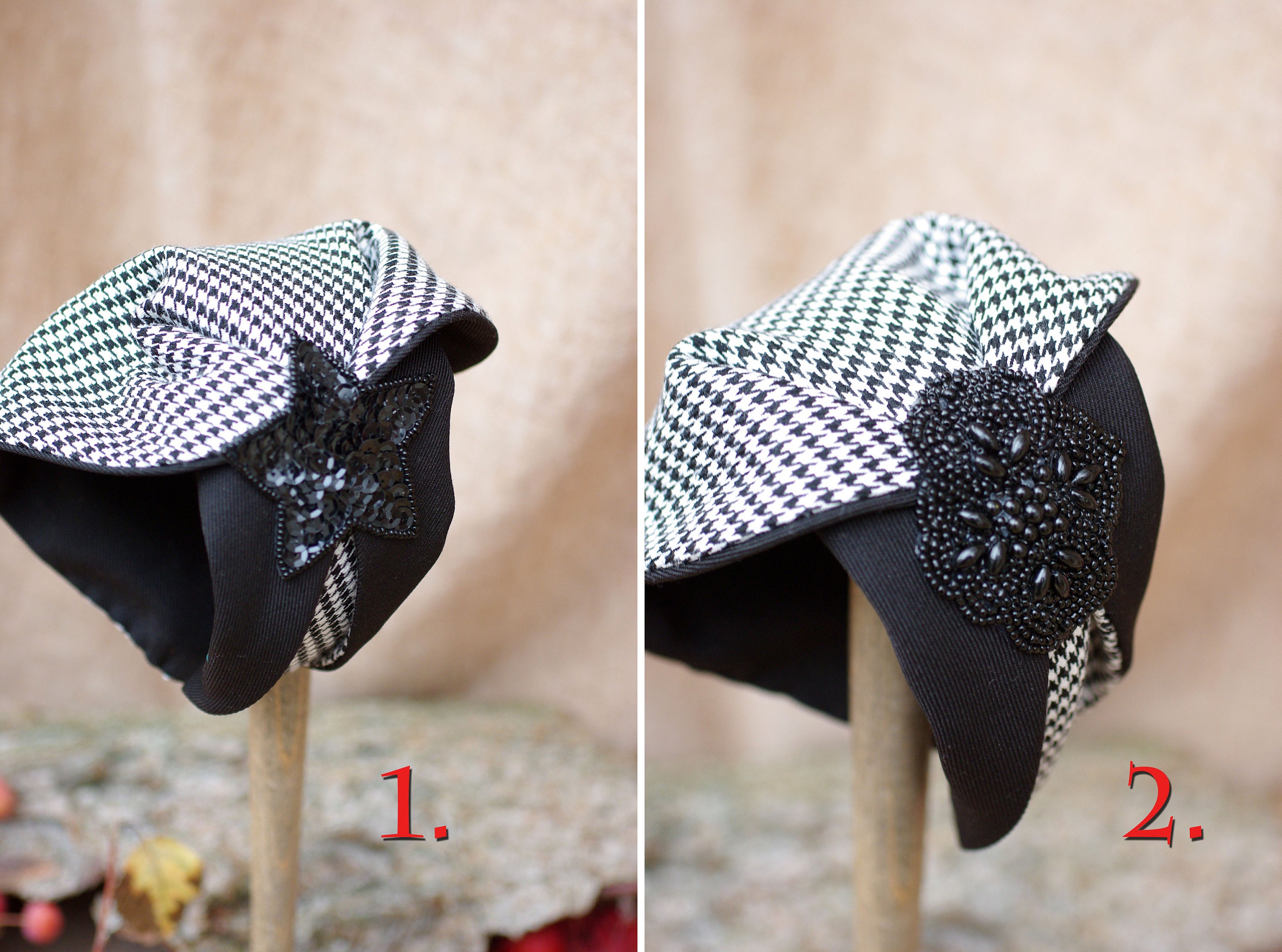 Houndstooth Half Hat black & white // Headpiece Vintage 30s | Etsy