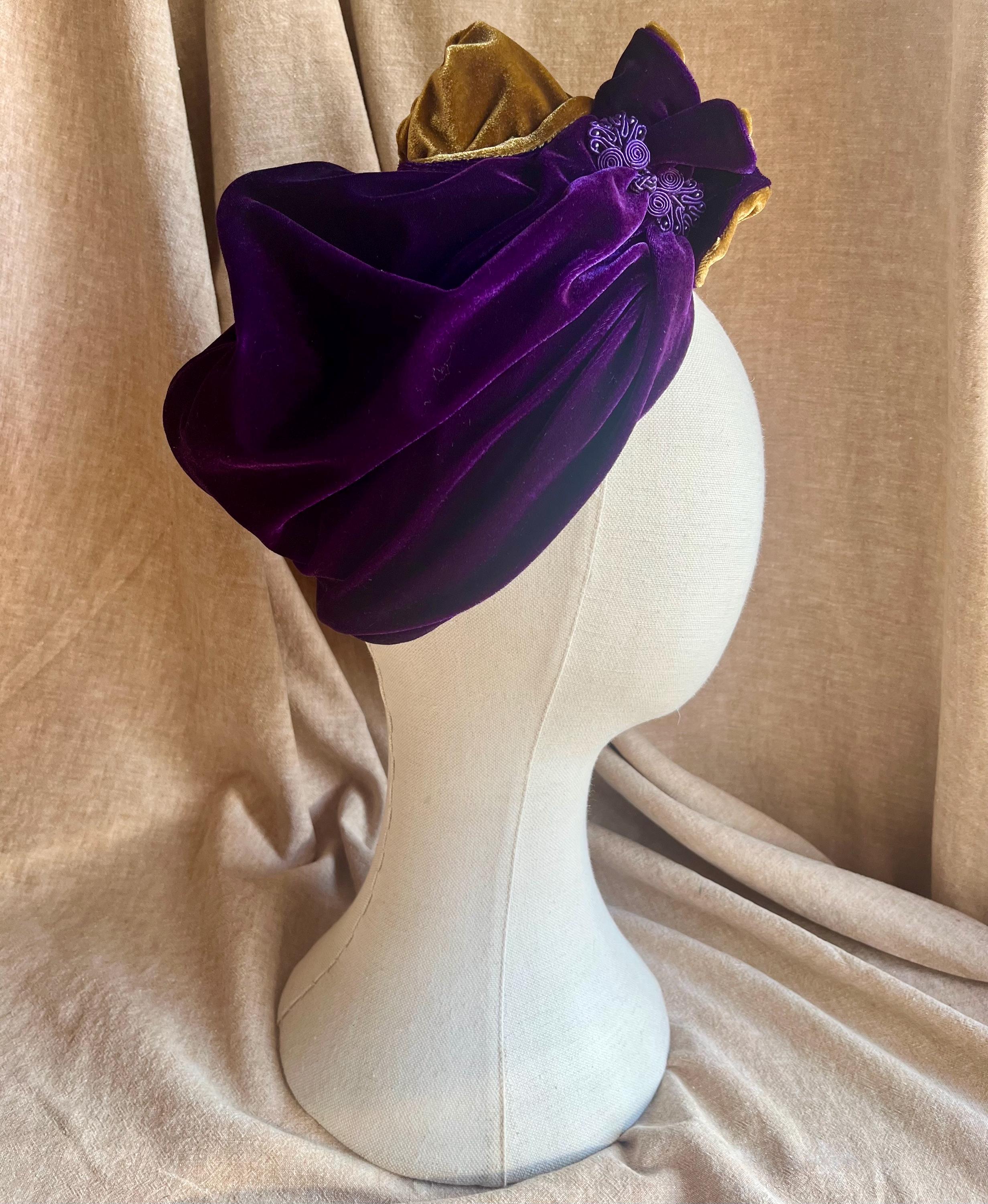 Purple & Gold Curry VELVET Turban Full Cap // Vintage Diva 30s 40s ...
