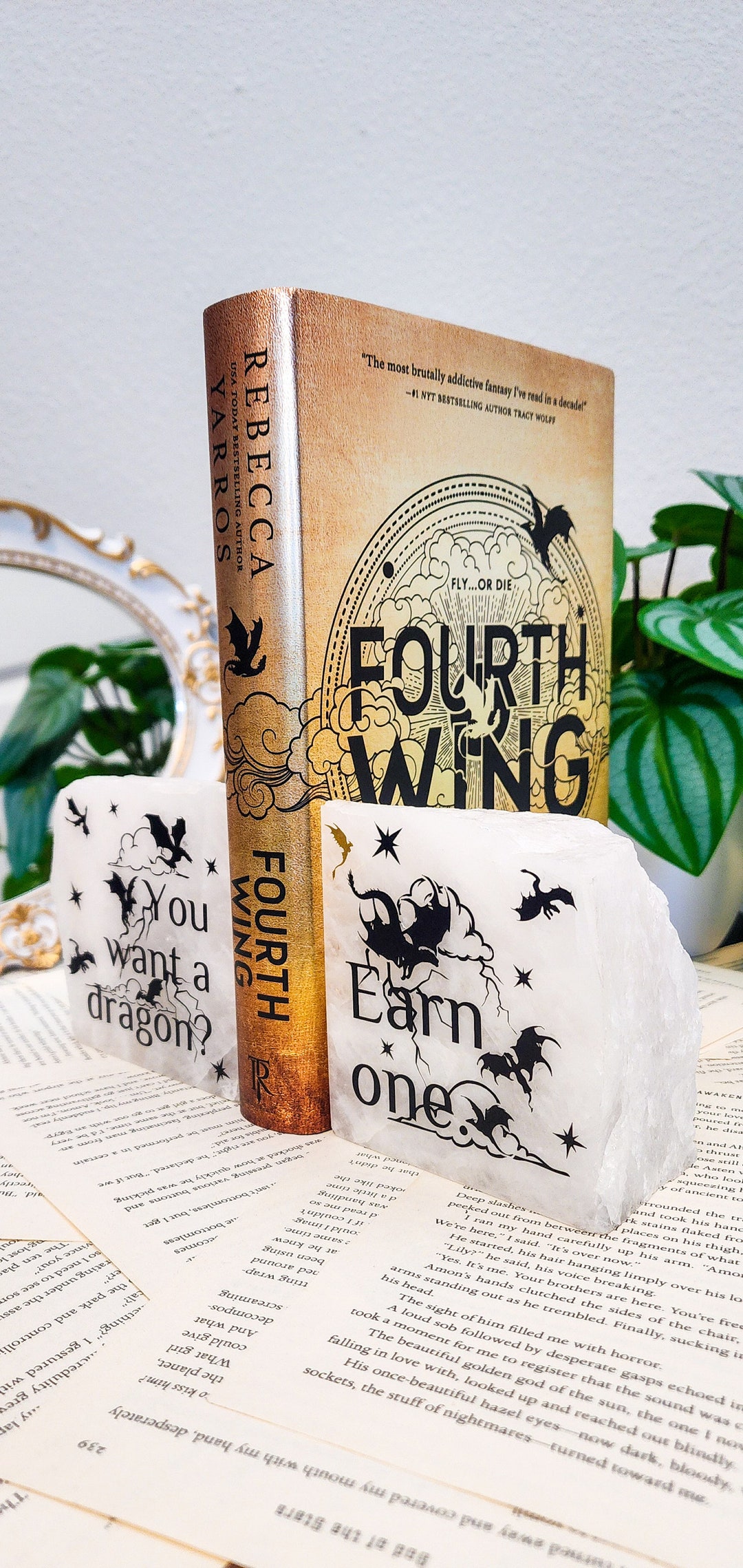 Fourth Wing Bookends Crystal Quartz - Dragon Decor - Rebecca Yarros ...