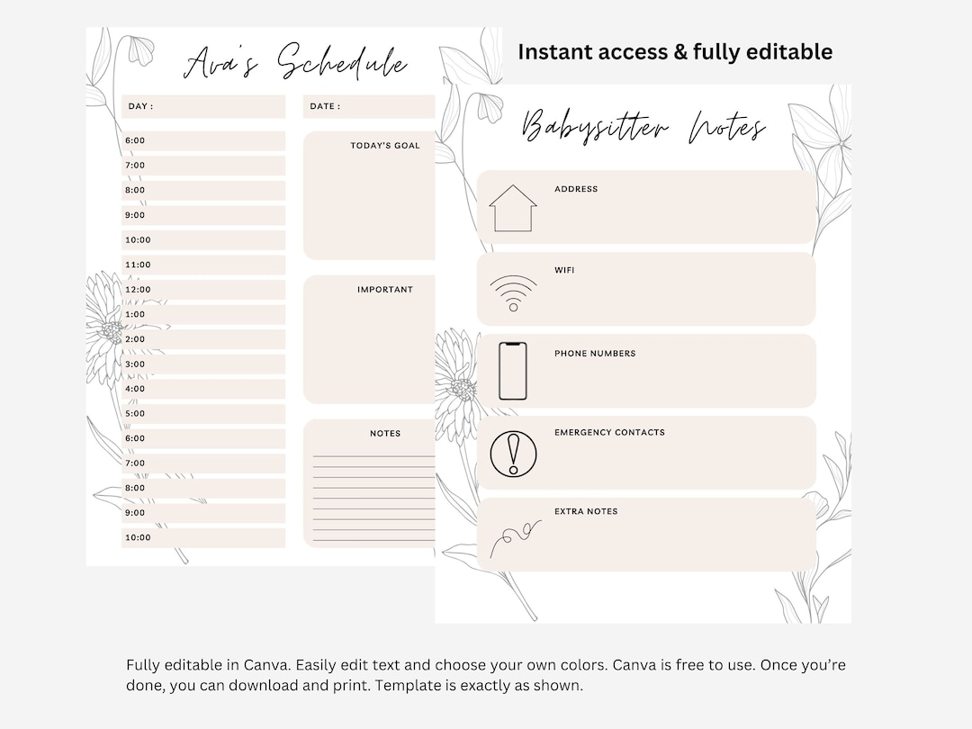 Babysitter Notes & Baby Schedule Template. Fully Editable in Canva. - Etsy