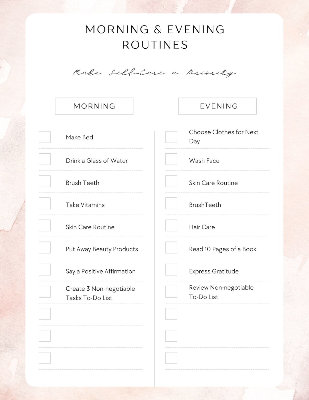 Morning and Evening Self Care Routine Checklist - Etsy