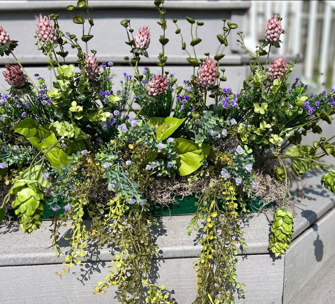 Window Box Silk Flower Arrangement Boxwood Lavender Purple Mini Flowers ...