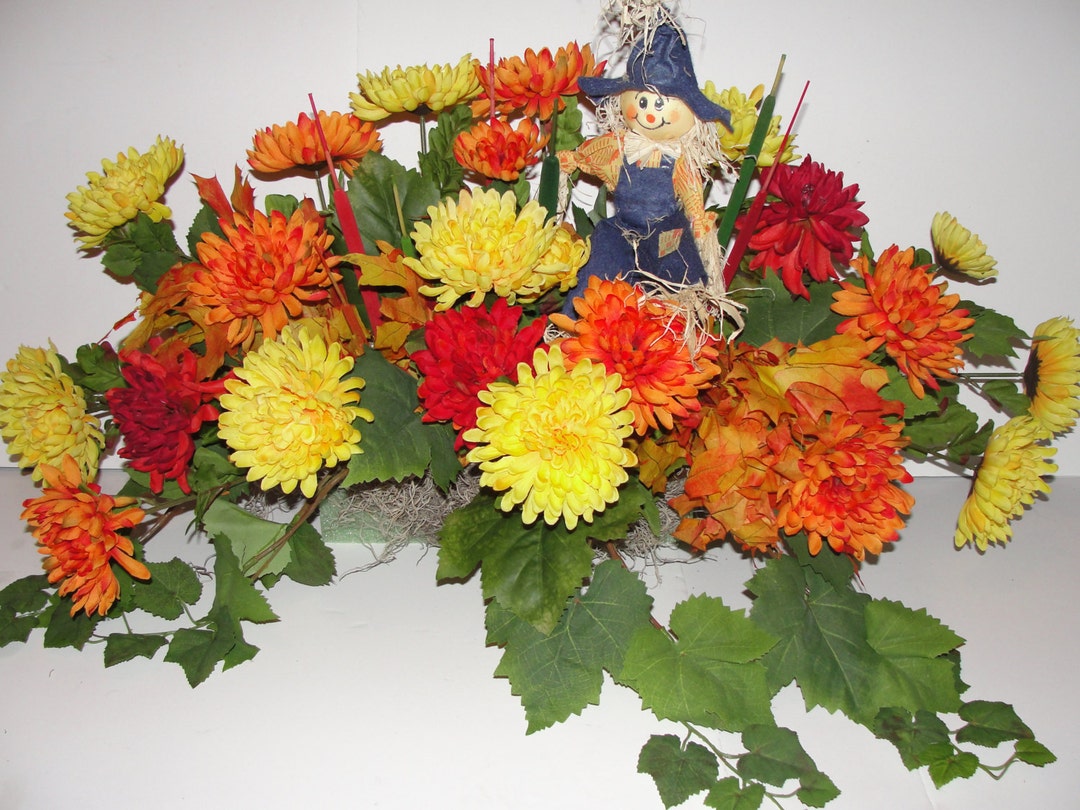Cattails Orange Yellow Mums Fall October Halloween Harvest Scarecrow ...