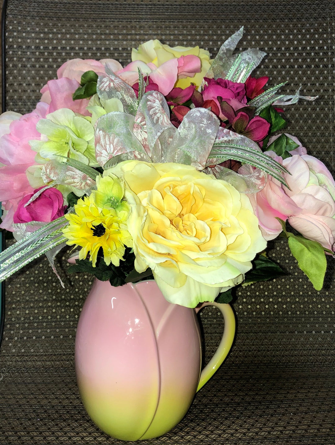 Easter Mothers Day Silk Bouquet Ombre Pink Yellow Ceramic Pitcher Tulip ...