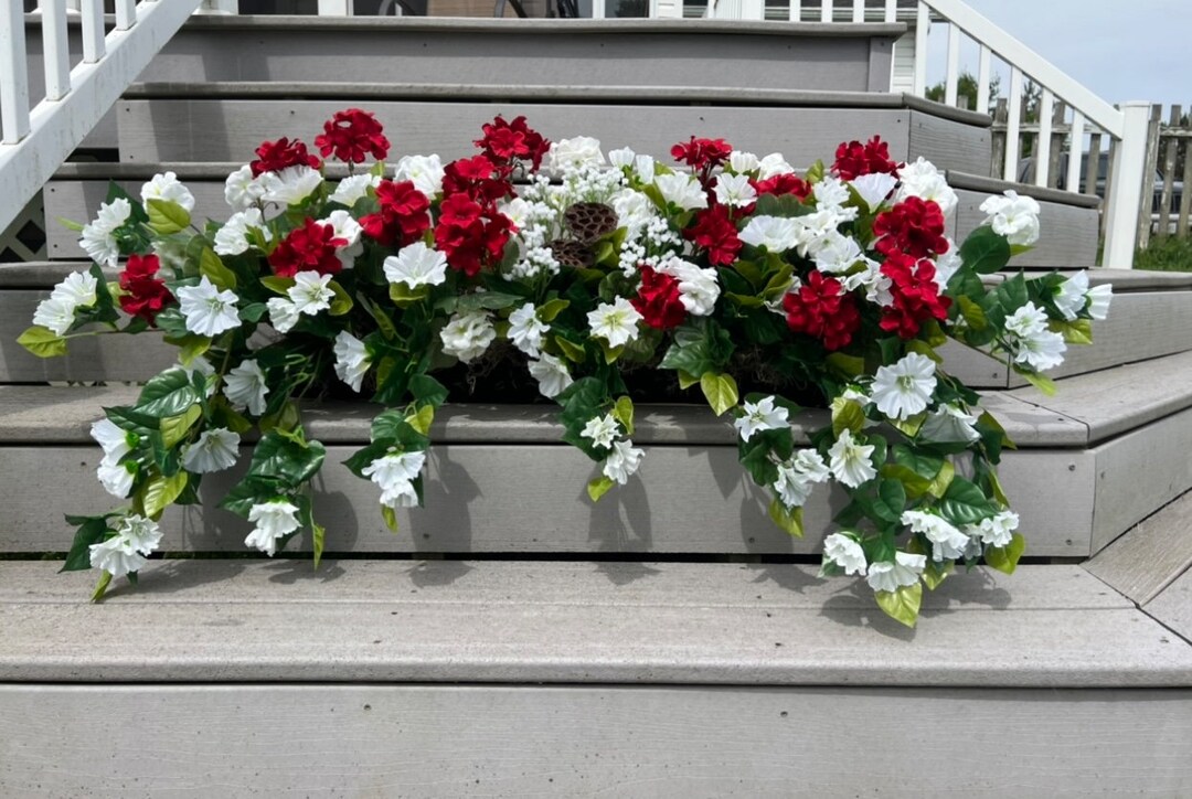 Window Box Silk Flower Arrangement Orange Geraniums Yellow Azaleas for ...
