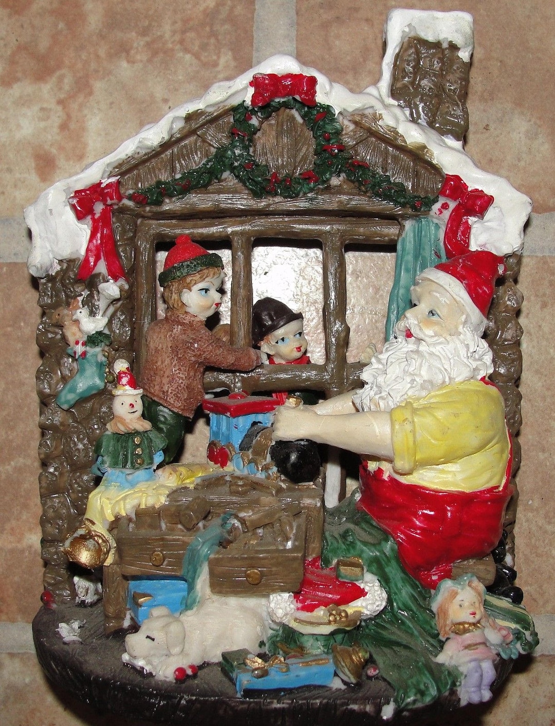 Santa Claus Toy Workshop Elves Vintage Display Peeping Elf in Window ...