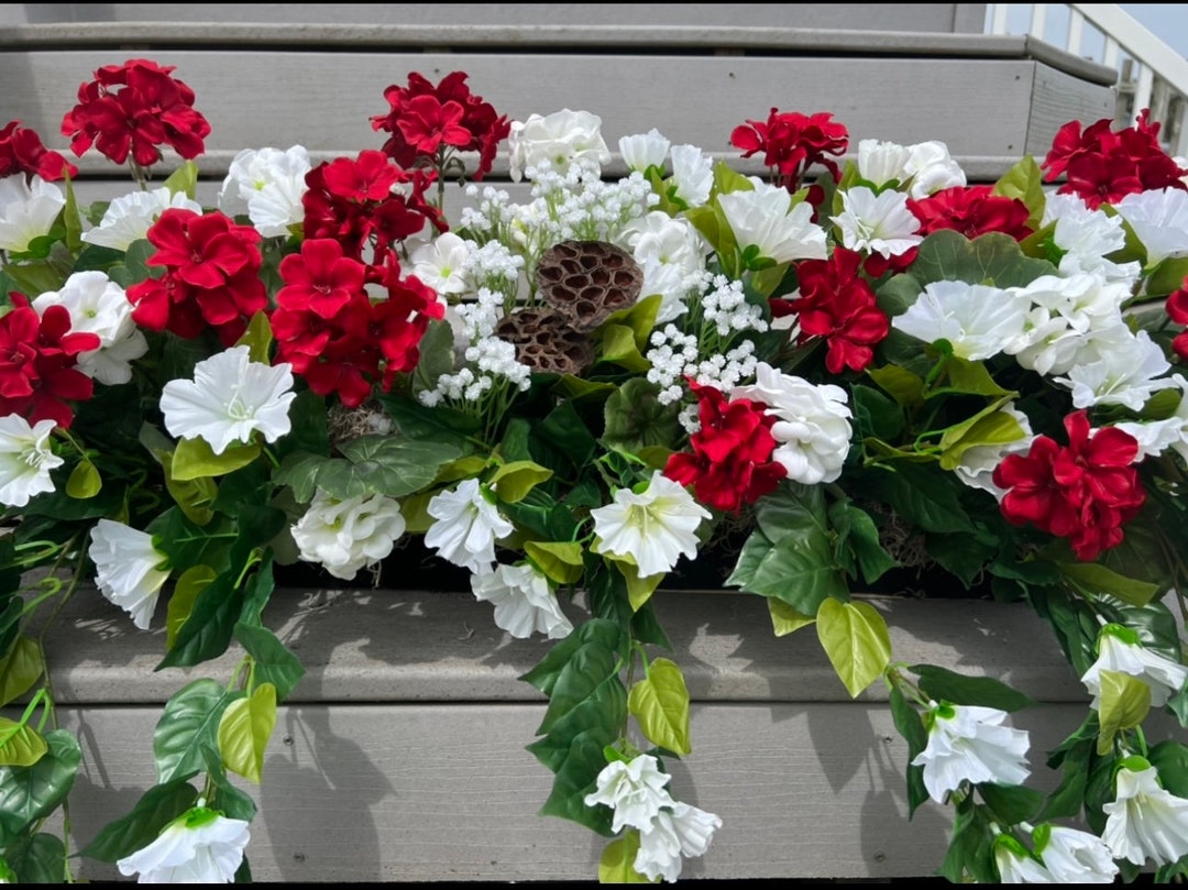 Window Box Silk Flower Arrangement Red Geraniums White Petunias for ...