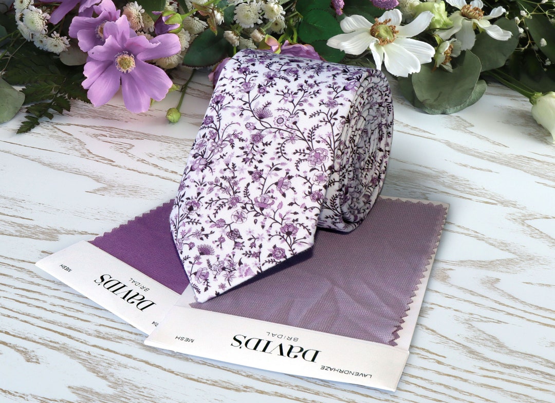 LAVENDER Floral Tie Wedding White Wildflowers WISTERIA Necktie LILAC ...