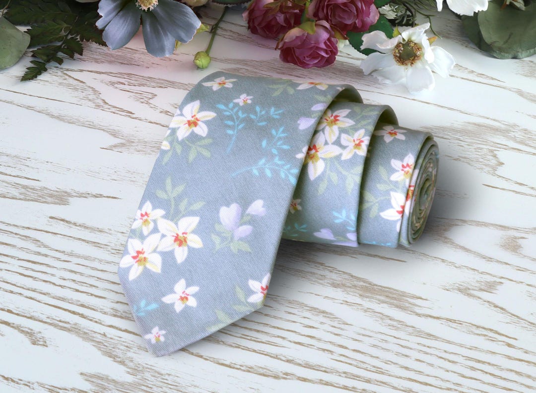 Dusty Blue Floral Tie - Wedding Necktie With Jasmine Flowers, Light ...