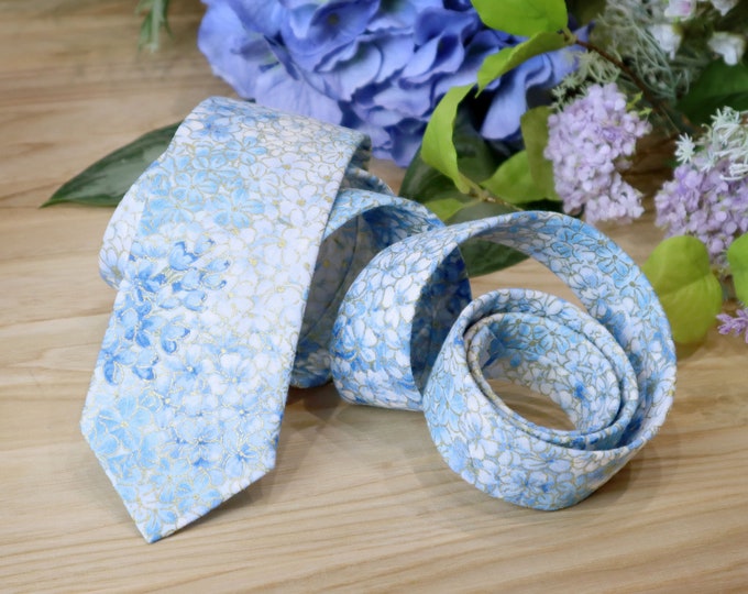 Tie Floral Blue Hydrangea Men's Skinny Tie Medium Blue Wedding Metallic ...