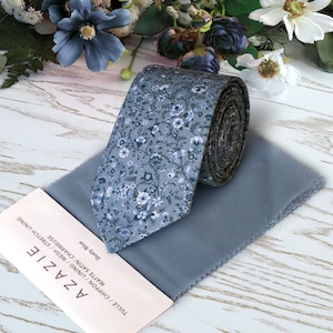DUSTY BLUE Floral Tie Wedding David's Bridal White Wildflowers Blue Necktie Grey Floral Skinny ...