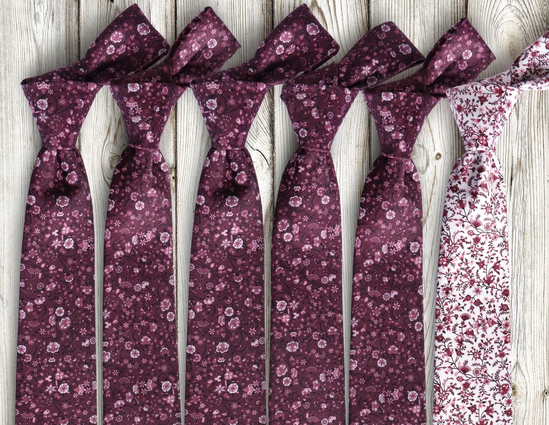 Mens Floral Ties Set 6 Pieces: Grooms Set 5 WINE Floral Ties + 1 White ...