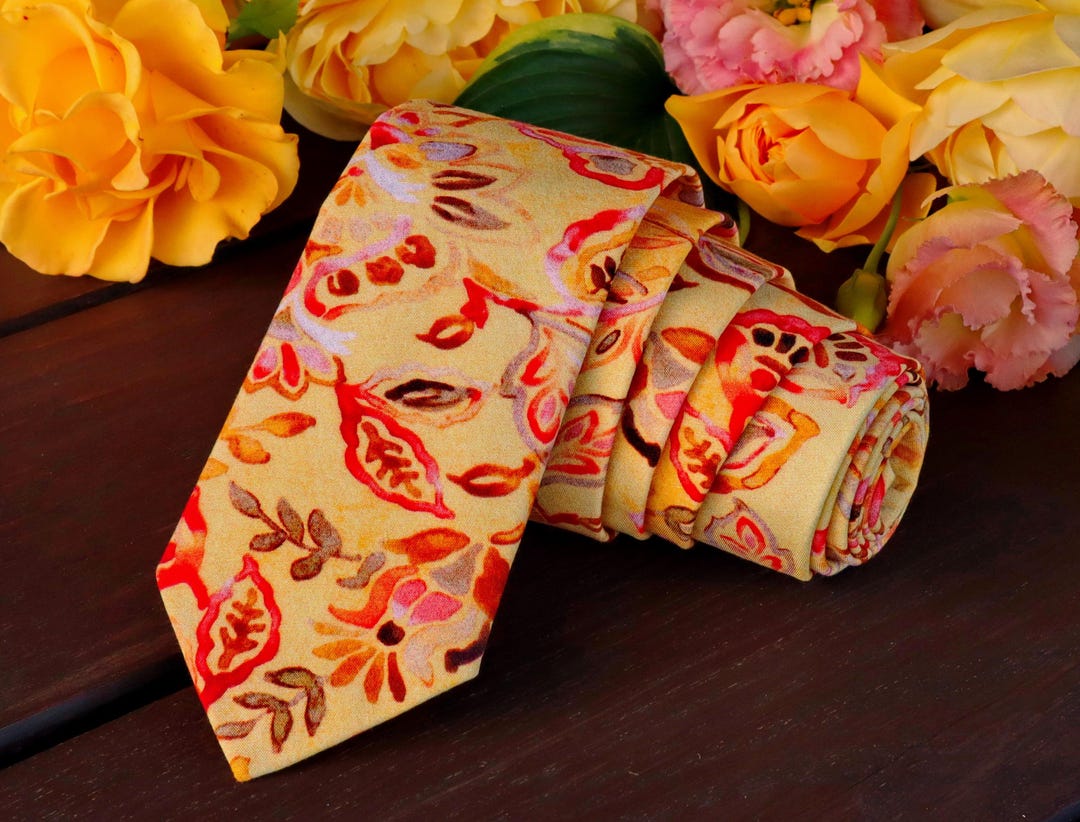 Warm Yellow Floral Tie - Autumn Wedding Necktie Amber Petals Floral ...
