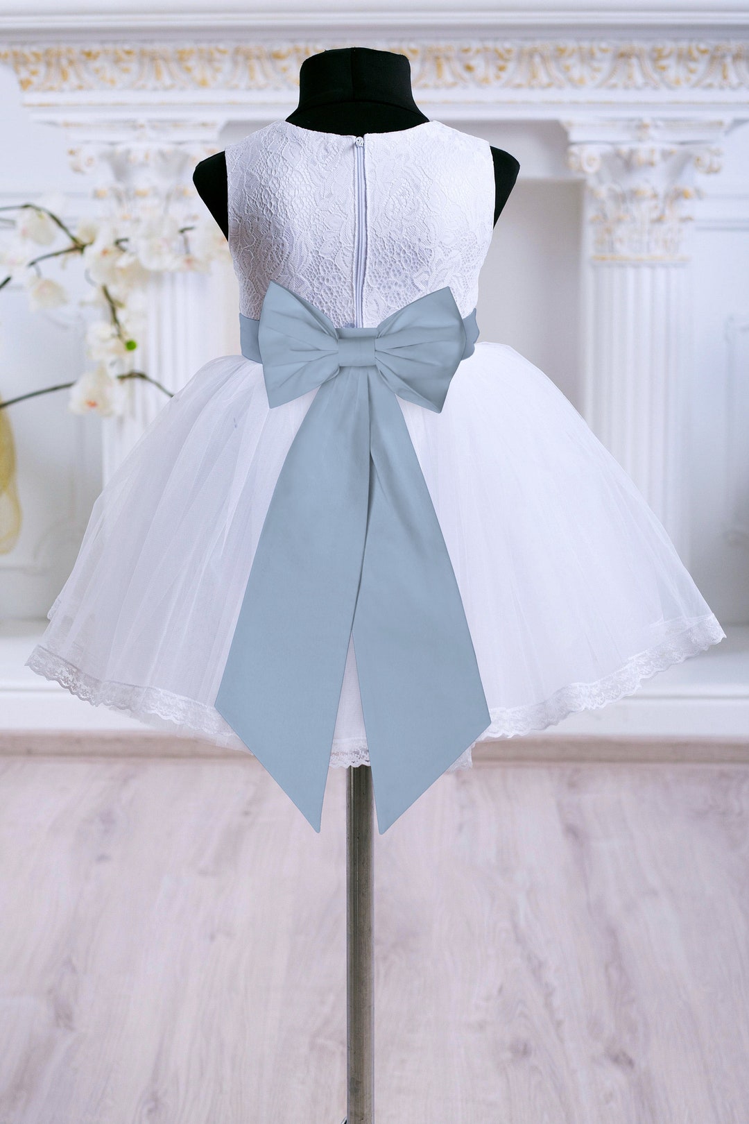 Flower Girl Sash Tie Sash Bow DUSTY BLUE David's Bridal Wedding Junior ...