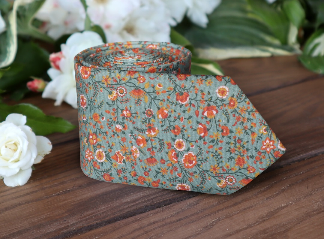 Dark Sage Green Floral Necktie Wedding Wildflowers Tie Eucalyptus ...