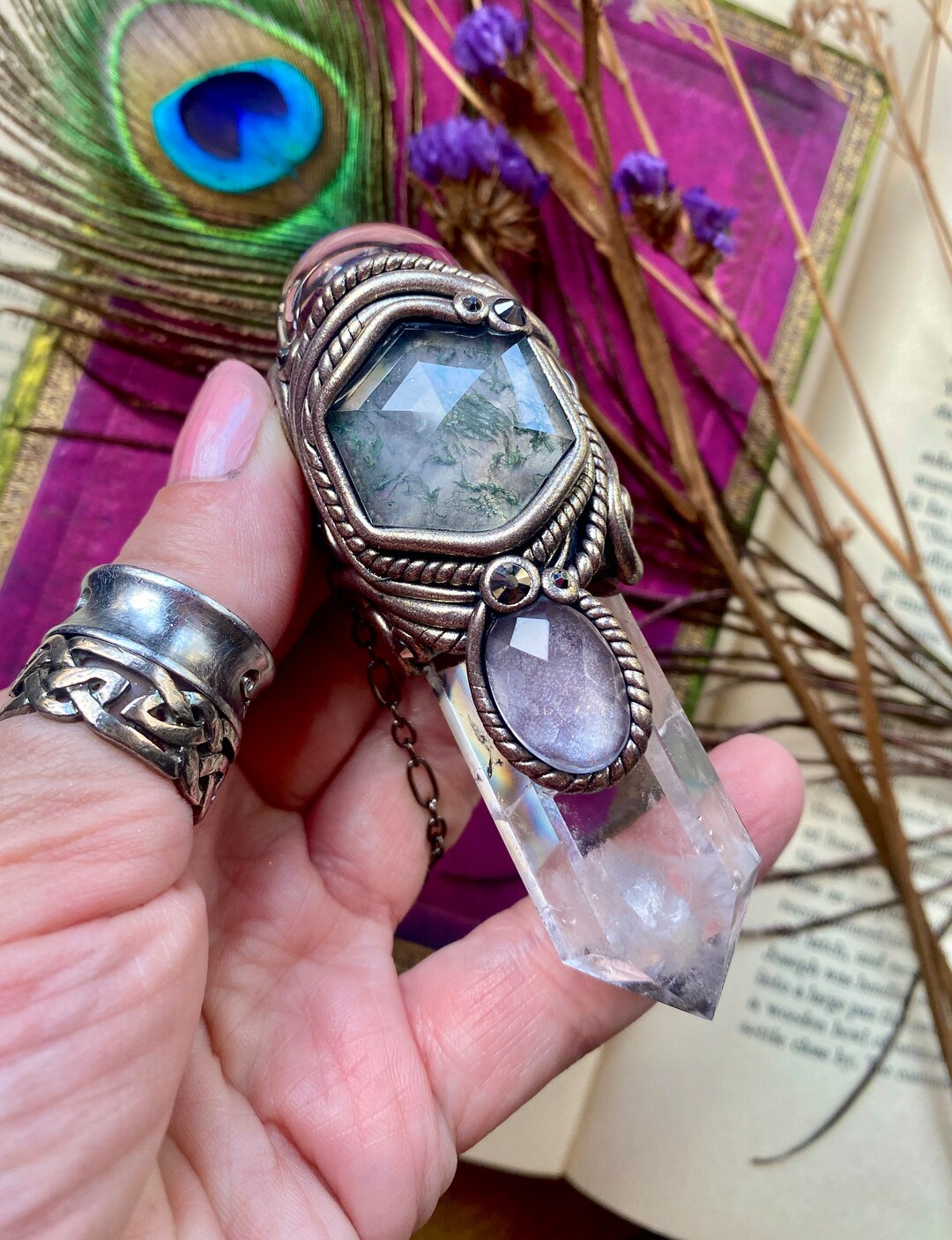 Virgo Rising Candy Pink Faceted Rose Quartz, Faceted Moss Agate & Ice ...