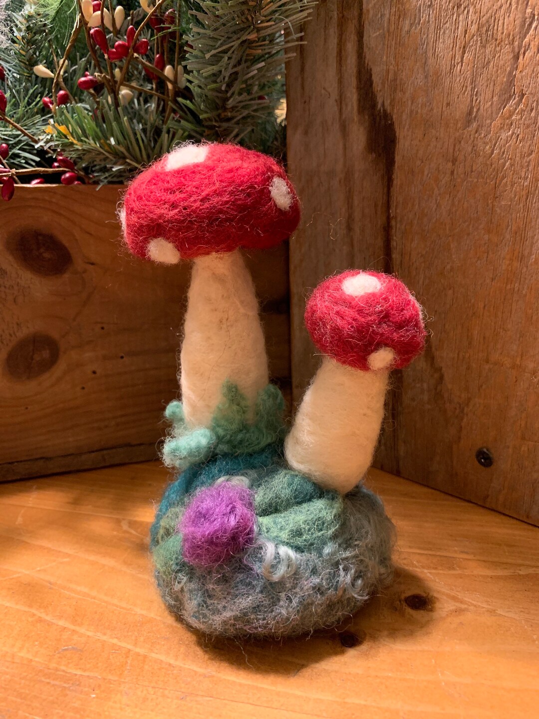 2 Needle Felted Wool Red Toadstool Mushrooms on Grassy Mound - Etsy