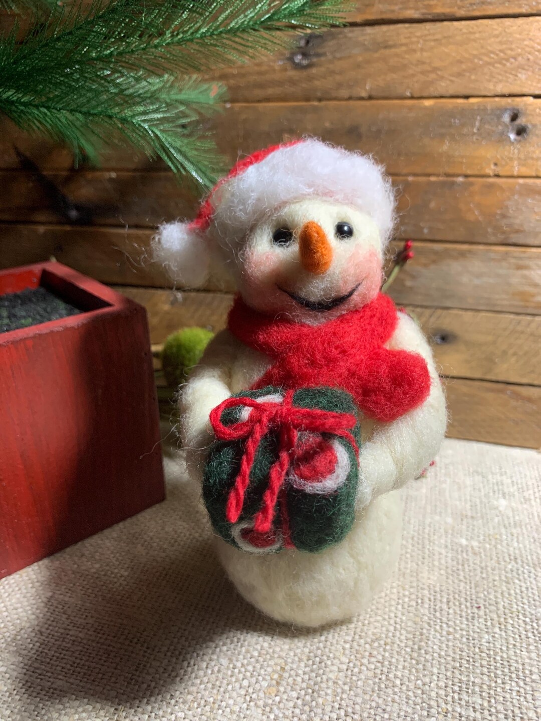 Needle Felted Snowman With Santa Hat & Gift Box - Etsy