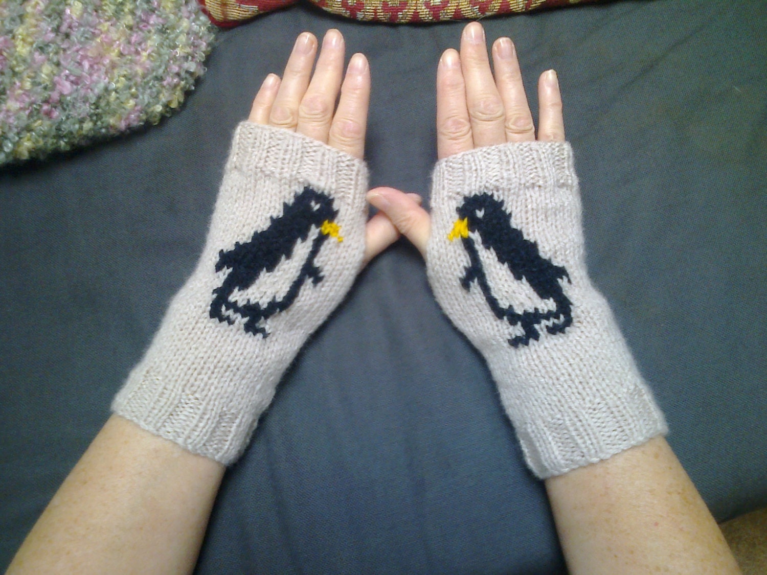 Wrist Warmers - Penguins - Grey - Beige - Fingerless Gloves - Etsy UK