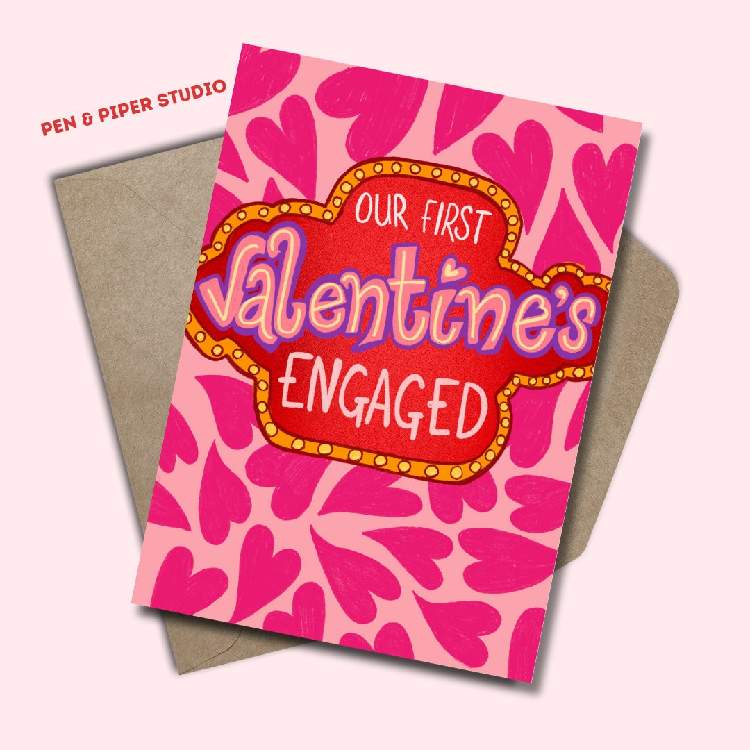 Our First Valentine's Engaged Valentines Card Groove Retro Heart Print ...
