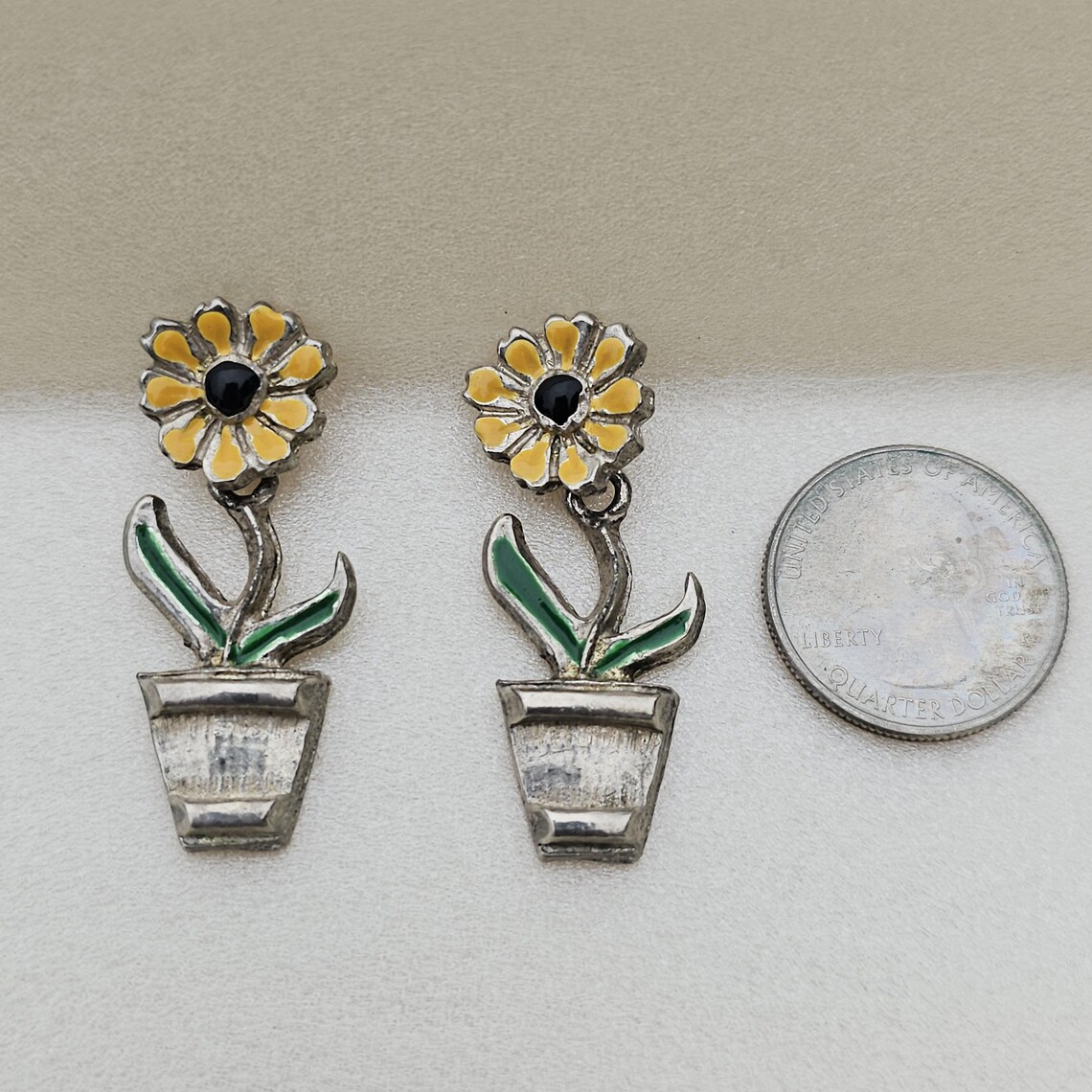 Vintage Enamel Flower Pot Drop Earrings Silver Tone 1.75" - Etsy