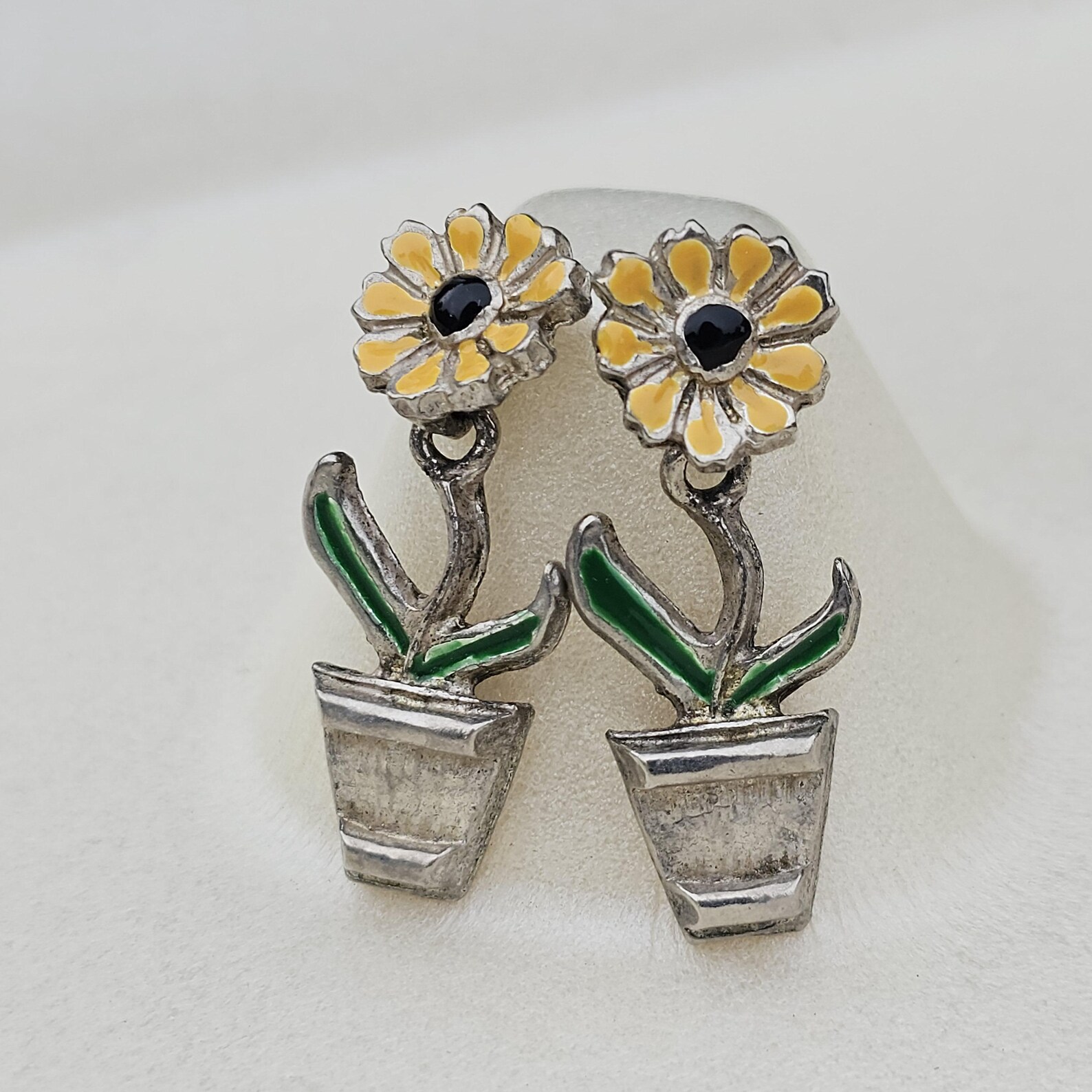 Vintage Enamel Flower Pot Drop Earrings Silver Tone 1.75" - Etsy
