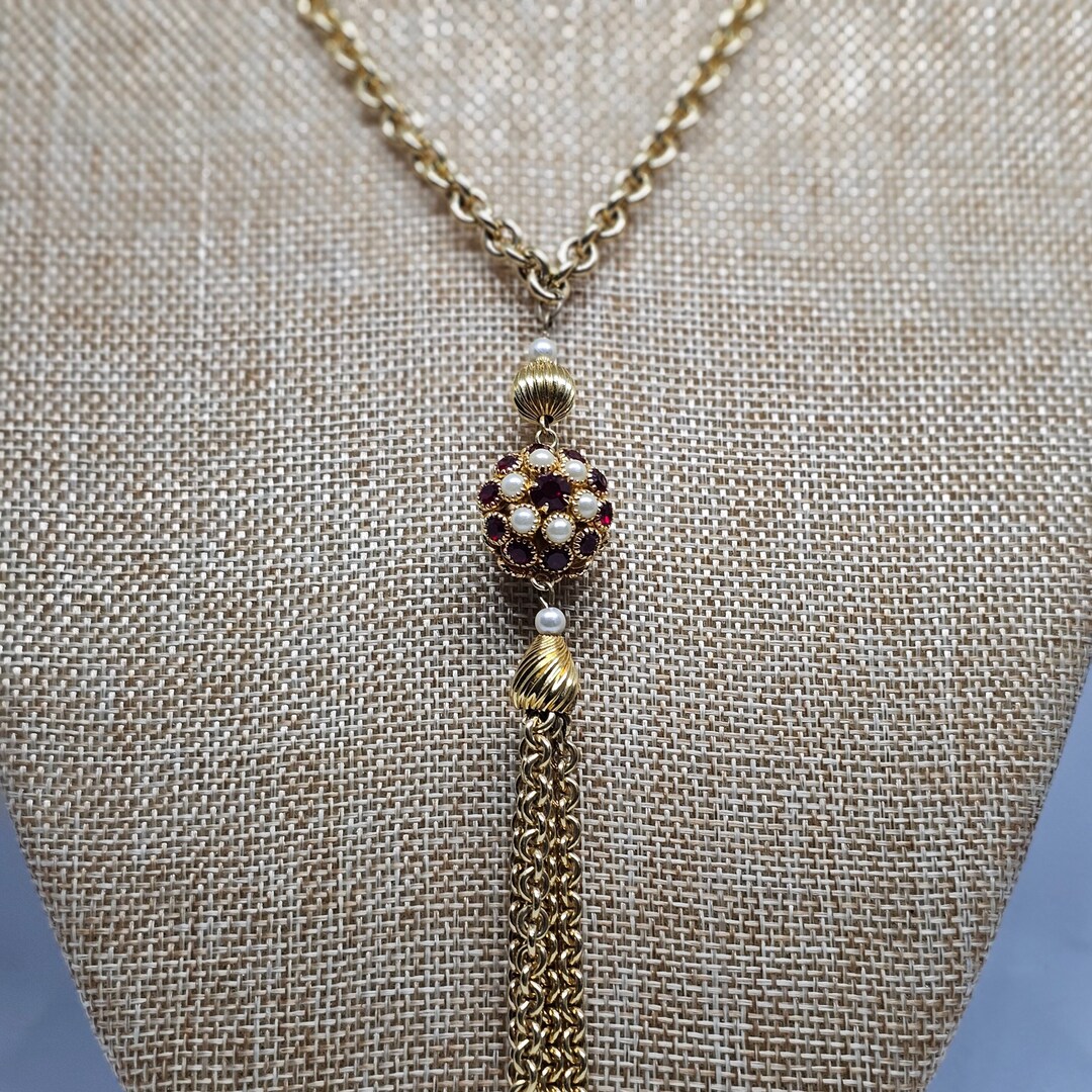 Vintage Faux Red Rubies & Pearl Tassel Pendant Necklace Gold - Etsy