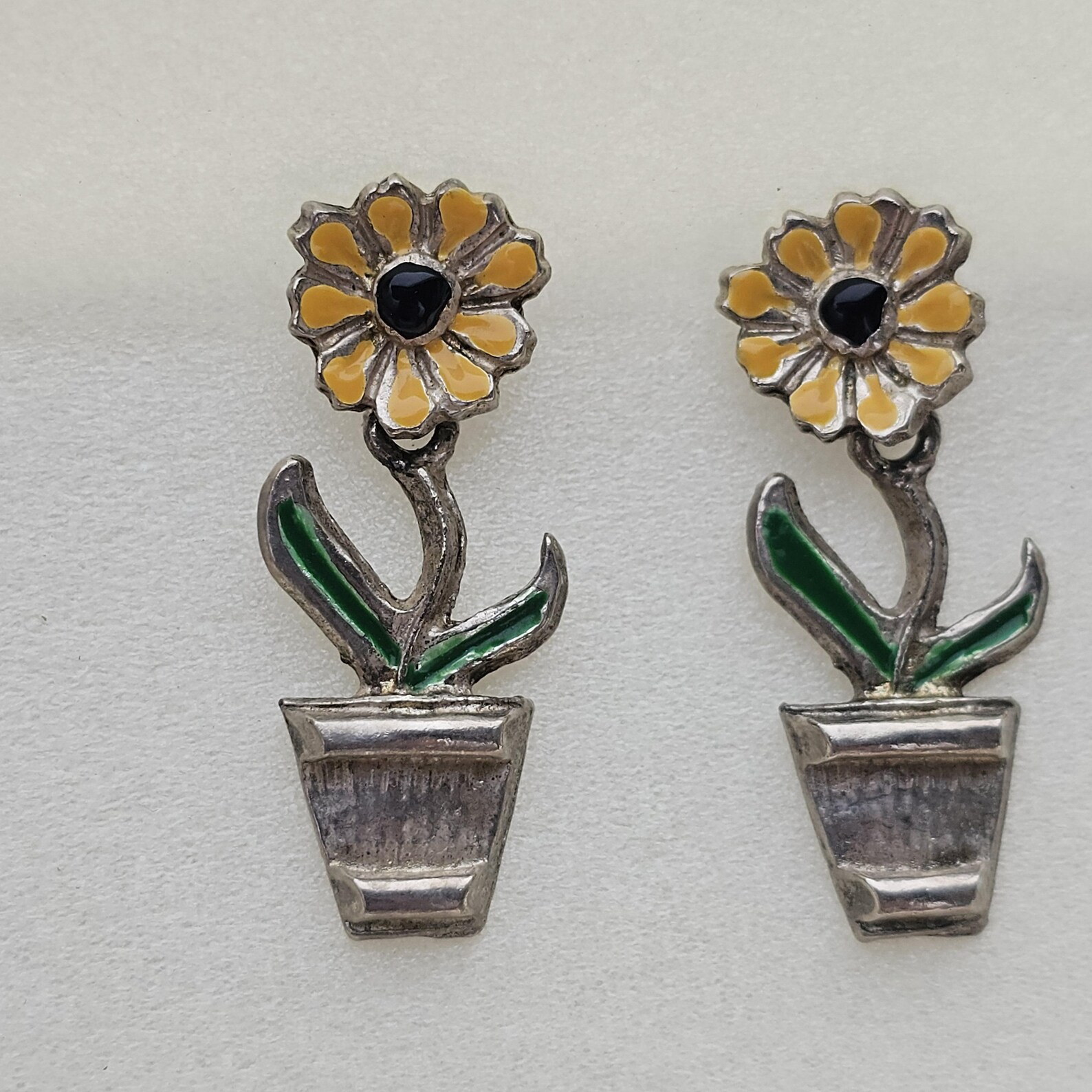 Vintage Enamel Flower Pot Drop Earrings Silver Tone 1.75" - Etsy