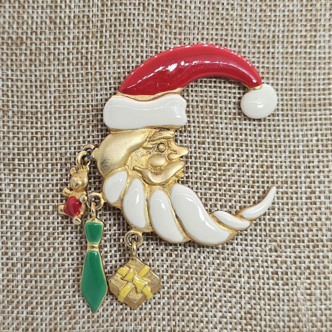 Vintage Santa Crescent Moon Christmas Brooch W/charms Gold Tone 2.25 ...