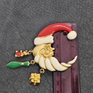 Vintage Santa Crescent Moon Christmas Brooch W/charms Gold Tone 2.25 ...