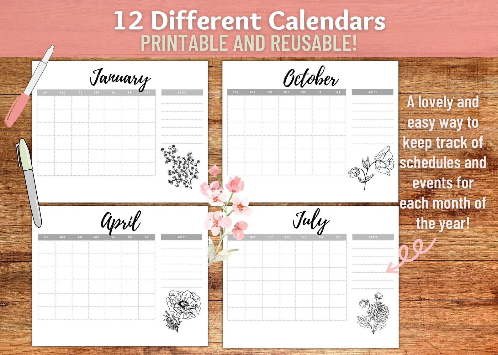 Blank Floral Monthly Calendar / Flower Perpetual Calendar / Classroom ...