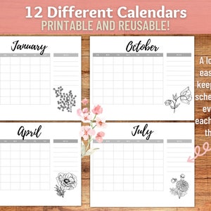 Blank Floral Monthly Calendar / Flower Perpetual Calendar / Classroom ...
